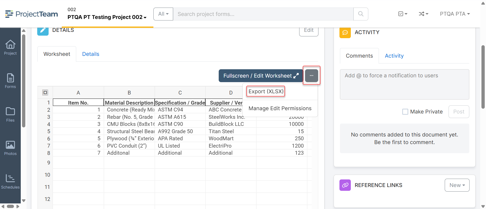 Export from a Worksheet
